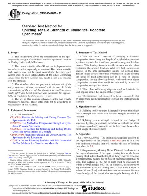 Astm C496 C496m 11 Standard Test Method For Splitting Tensile Strength Of Cylindrical