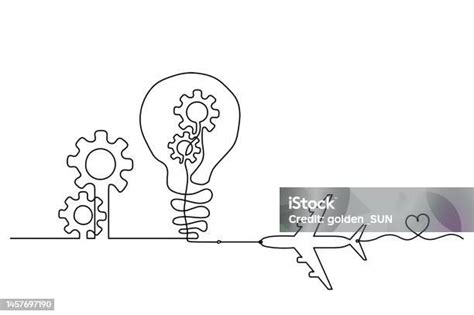 추상 원형 금속 기어 바퀴는 흰색 배경에 선 그리기로 전구와 비행기가 있습니다 팀워크의 개념 0명에 대한 스톡 벡터 아트 및 기타 이미지 Istock