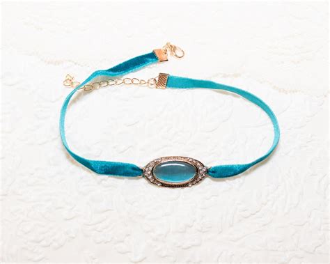 Velvet Marin Choker Ocean Blue Velvet Necklace Choker With Stone Etsy