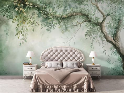 Green Tree Branch Wallpaper Mural Peel And Stick Or Textured Etsy