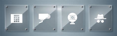 Set Incognito Mode Security Camera And Password Protection Square Glass Panels Stock Vector