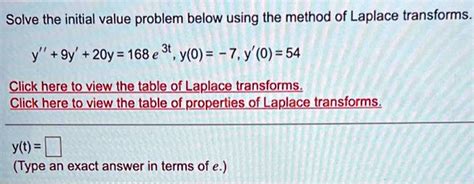 Solve The Initial Value Problem Below Using The Method Of Laplace Transformsy” 9y 20y