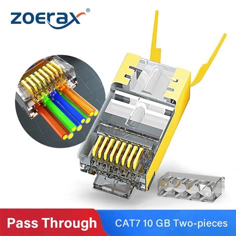 Zoerax Rj45 Cat8 Cat7 및 Cat6a 통과 커넥터 8p8c 50um 금도금 차폐 Ftpstp Rj45 네트워크 모듈러 플러그 15mm플러그