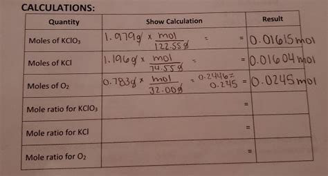 Solved Calculations For Mole Ratio On Kclo3 Kcl And O2 And