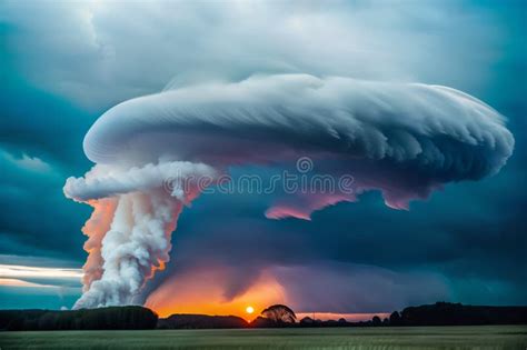 Beautiful Landscape With Tornado And Clouds In The Field At Sunset
