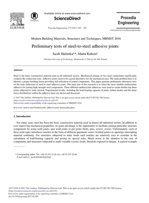 Pdf Preliminary Tests Of Steel To Steel Adhesive Joints