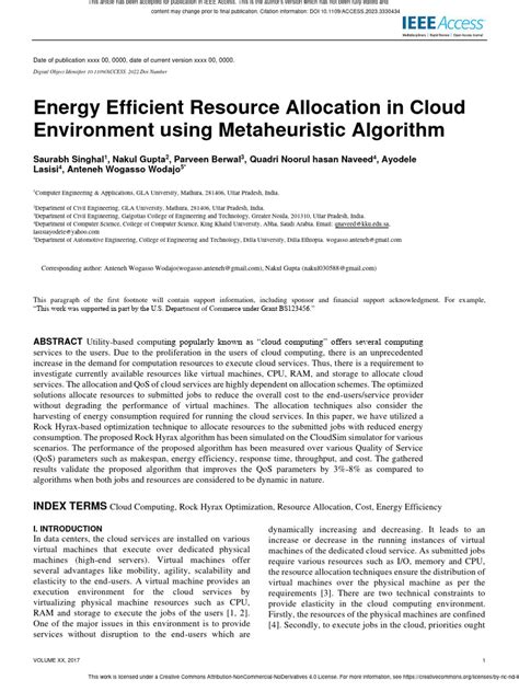 Energy Efficient Resource Allocation In Cloud Envi Pdf Cloud Computing Metaheuristic