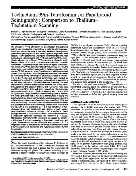 Pdf Technetium 99m Tetrofosmin For Parathyroid Scintigraphy A Direct Comparison With 99m Tc