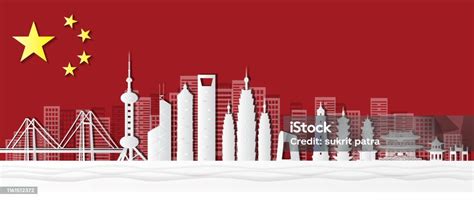 상하이 세계적으로 유명한 랜드 마크 파노라마 투어 종이 컷 스타일 벡터 일러스트레이션세계적으로 유명한 장소의 중국 엽서 벡터 0명에 대한 스톡 벡터 아트 및 기타 이미지