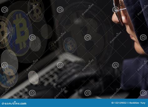 Crypto Hacker With Laptop And Bitcoins Concept Of Internet Criminal