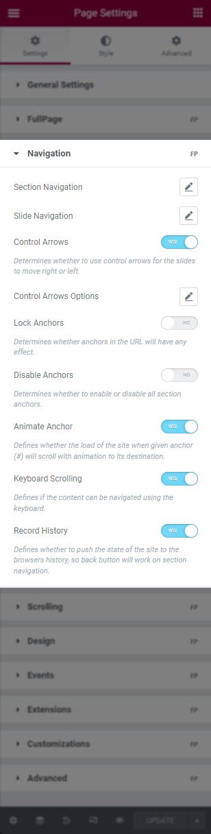 fullpage js docs for elementor wordpress plugin