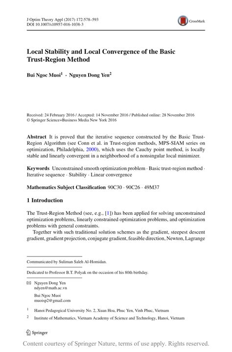Local Stability And Local Convergence Of The Basic Trust Region Method Request PDF