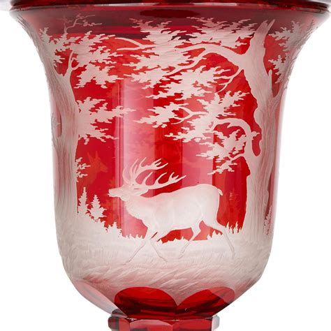 Pair Of Large Bohemian Etched Ruby Glass Goblets And Covers Mayfair Gallery