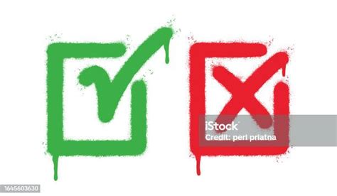 스프레이 페인티드 그래피티 녹색 체크 표시 및 십자 표시 아이콘 흰색 배경으로 분리된 스프레이 그래피티 기호 Yes 및 No는 흰색 위에 검은색으로 오버 스프레이됩니다 0