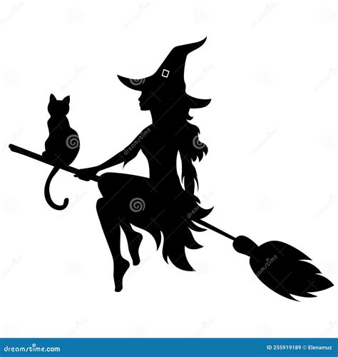 Halloween Beautiful Witch And Cat On Broom Fly Silhouettes Stock Vector