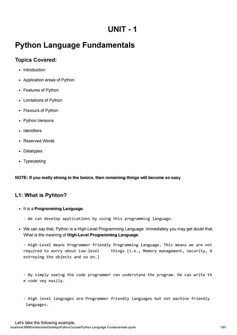 Python 1 Unit 1 Python Language Fundamentals Topics Covered