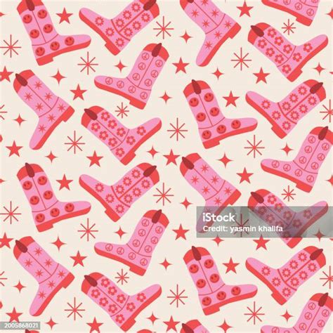 레트로 그루비 핑크 카우걸 부츠 행복 얼굴 평화 표지판 복고풍 꽃과 별과 완벽 한 패턴 처녀 파티에 대한 스톡 벡터 아트 및