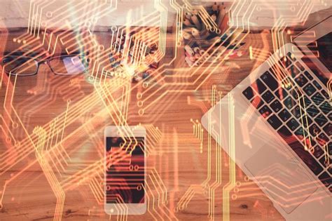 Multi Exposure Of Technology Theme Drawing Over Table With Phone Top View Concept Of Hightech
