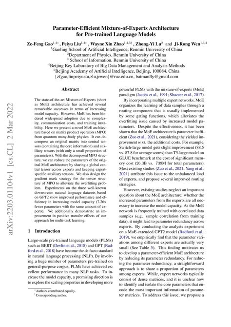 Parameter Efficient Mixture Of Experts Architecture For Pre Trained