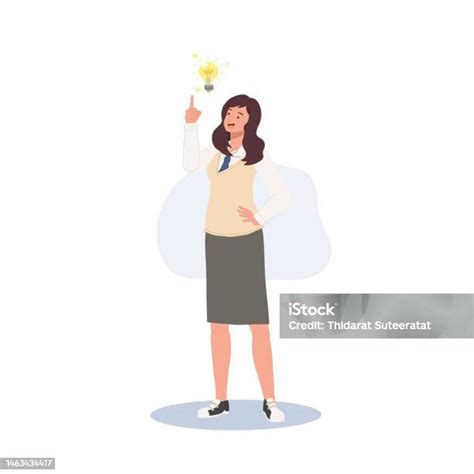 학습 및 교육 개념입니다 한국 학생 캐릭터 교복을 입은 여학생의 전체 길이는 새로운 아이디어를 가지고 있습니다 공부에 대한 스톡