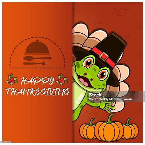 개구리 캐릭터 디자인이 있는 추수감사절 카드 행복한 추수 감사절 인사말 카드 포스터 또는 전단지 축하 디자인에 적합합니다 11월에 대한 스톡 벡터 아트 및 기타 이미지