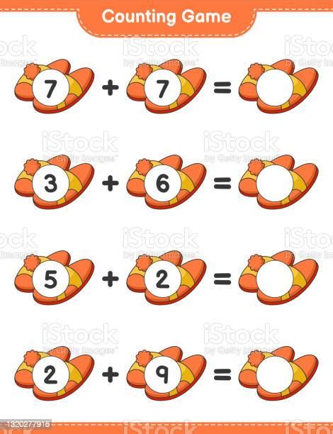 게임을 계산 슬리퍼의 수를 계산하고 결과를 작성합니다 교육 어린이 게임 인쇄 워크 시트 벡터 일러스트레이션 0명에 대한 스톡 벡터 아트 및 기타 이미지 Istock