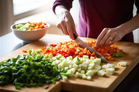 A Woman Dicing Vegetables For A Tofu Stir Fry Stock Image Image Of