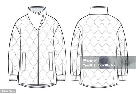 여성용 퀼트 패딩 재킷 테크니컬 패션 일러스트레이션 대형 다운 코트 기술 도면 템플릿 긴 소매 포켓 전면 및 후면보기 흰색