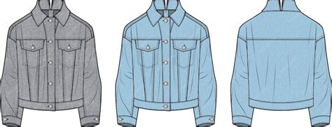 새로운 스타일의 데님 재킷 전면 및 후면 평면 스케치 기술 드로잉 벡터 일러스트 템플릿 프리미엄 벡터