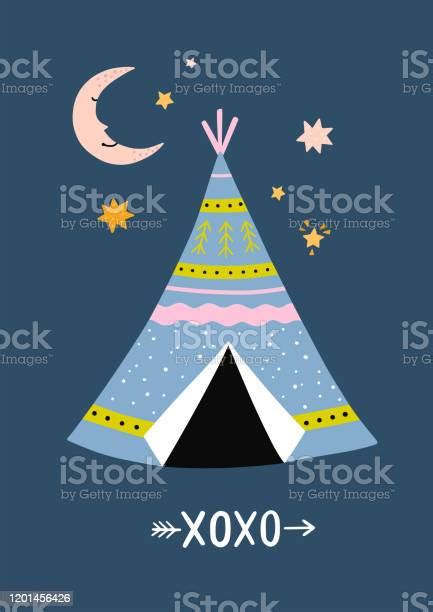 가위와 보헤미안 스타일의 어린이 일러스트 아이들을위한 귀여운 벡터 카드 에스닉 텐트 달 별이 있는 그래픽 프린트 보보스에 대한