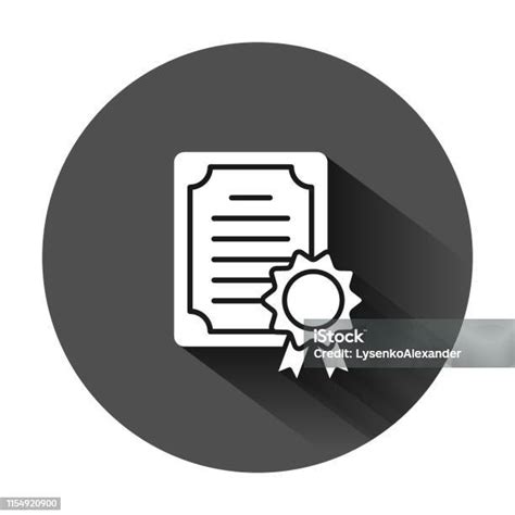 플랫 스타일의 인증서 아이콘입니다 라이센스 배지 벡터 일러스트 레이 션 긴 그림자와 함께 검은 라운드 배경 우승자 메달 비즈니스 개념입니다 고무도장에 대한 스톡 벡터 아트