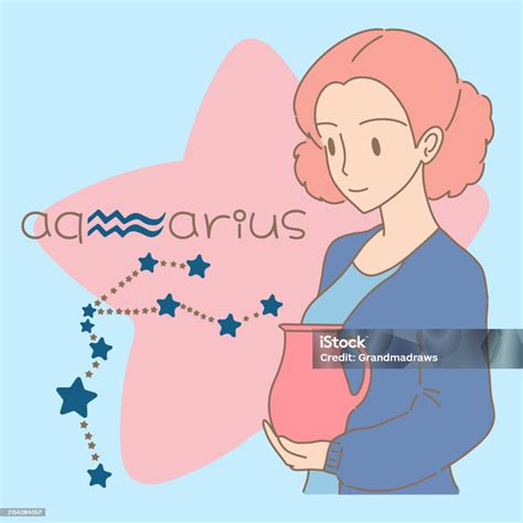 곱슬 머리를 가진 여자 투수를 들고 물병자리 조디악 점성술 기호 별자리 단어 및 별 손으로 그린 평면 만화 캐릭터 벡터 일러스트 곱슬 머리에 대한 스톡 벡터 아트 및 기타