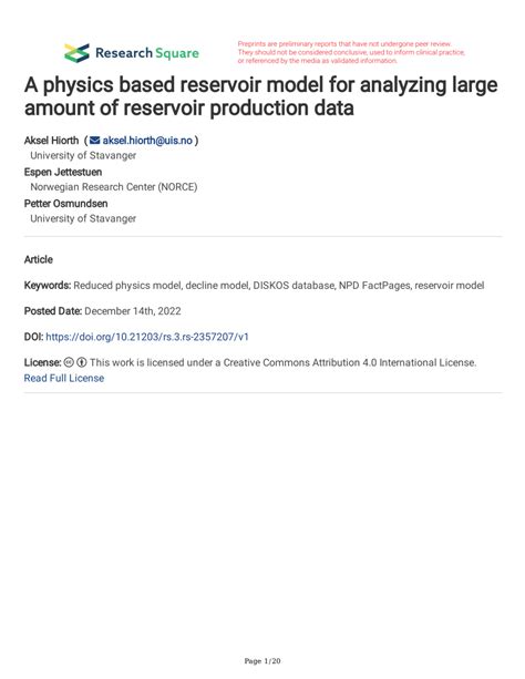 Pdf A Physics Based Reservoir Model For Analyzing Large Amount Of Reservoir Production Data