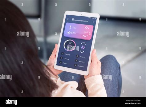 Smart Home Control Automation App Concept Woman Use Tablet With Modern