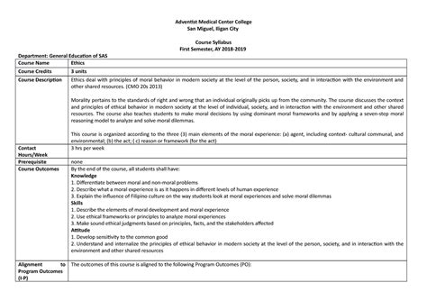 Course Syllabus Ethics Adventist Medical Center College San Miguel Iligan City Course