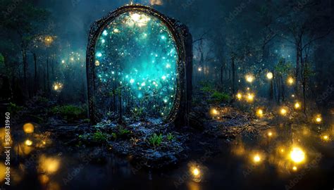 Dark Mysterious Forest With A Magical Magic Mirror A Portal To Another