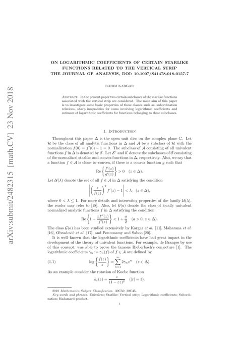 Pdf On Logarithmic Coefficients Of Certain Starlike Functions Related