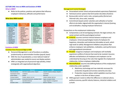 intro to hrm notes lecture one intro to hrm and evolution of hrm