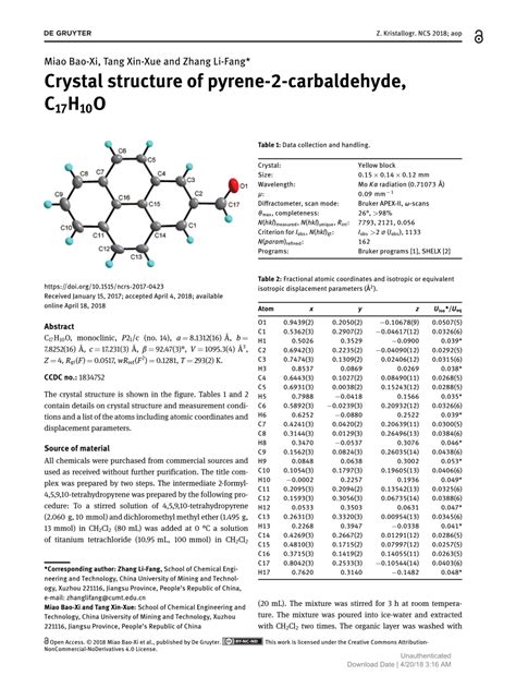Pdf Crystal Structure Of Pyrene 2 Carbaldehyde C17h10o