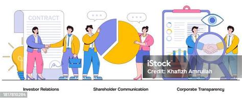 투자자 관계 주주 커뮤니케이션 성격이 있는 기업 투명성 개념 투자자 신뢰 추상 벡터 일러스트 레이 션 세트입니다 주주 참여 비유 개념에 대한 스톡 벡터 아트 및 기타 이미지