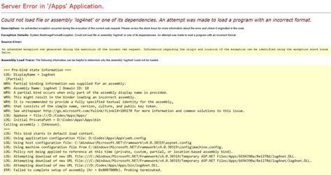 could not load file or assembly log4net or one of its