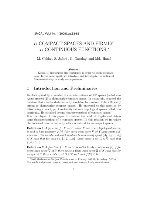 Pdf α Compact Spaces And Firmly α Continuous Functions