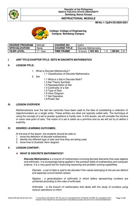 Instructional Module 1 Sets In Discrete Mathematics Nueva Vizcaya State University Bambang