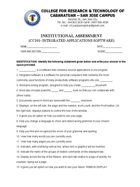 Institutional Assessment Cc101 Integrated Applications Software