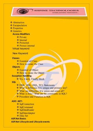 Dot Net Course Syllabus PDF