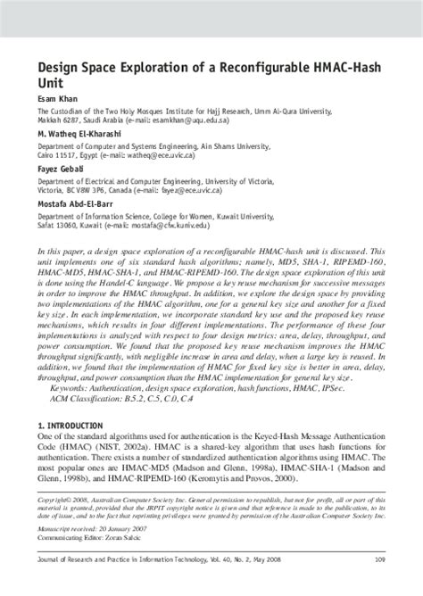 Pdf Design Space Exploration Of A Reconfigurable Hmac Hash Unit