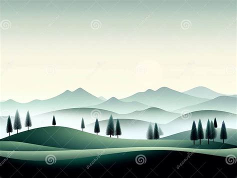 Minimalist Landscape Illustration Of Rolling Hills Under A Soft
