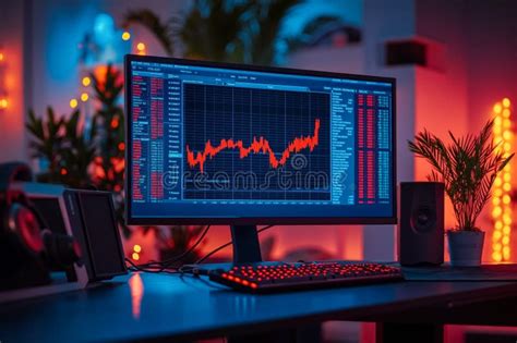 Red Computer Screen Displaying Stock Market Chart Keyboard Mouse Stock