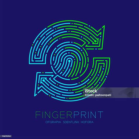 새로 고침 서명 지문 스캔 패턴 로고 대시 라인 디지털 데이터 기술 개념 편집 가능한 스트로크 그림 녹색과 청색 지문 텍스트와 어두운 파란색 배경에 고립 벡터 Eps 10