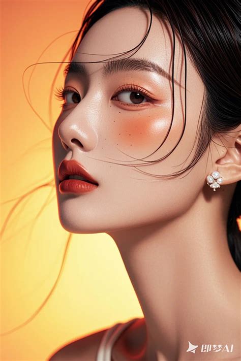 女模特，精致的五官，皮肤白皙，淡妆干净面部，头占五分之二，顶级时尚杂志大片构图，光线跟踪，层次感，立体感，前景虚化，8k，青橙色背景，丁达尔光效，杂志封面，高级感， 花瓣网